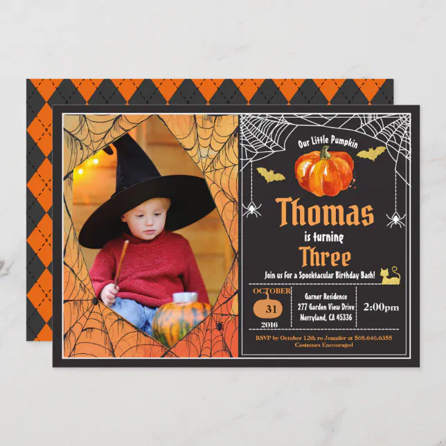 Halloween pumpkin kid birthday party photo invitation | Zazzle