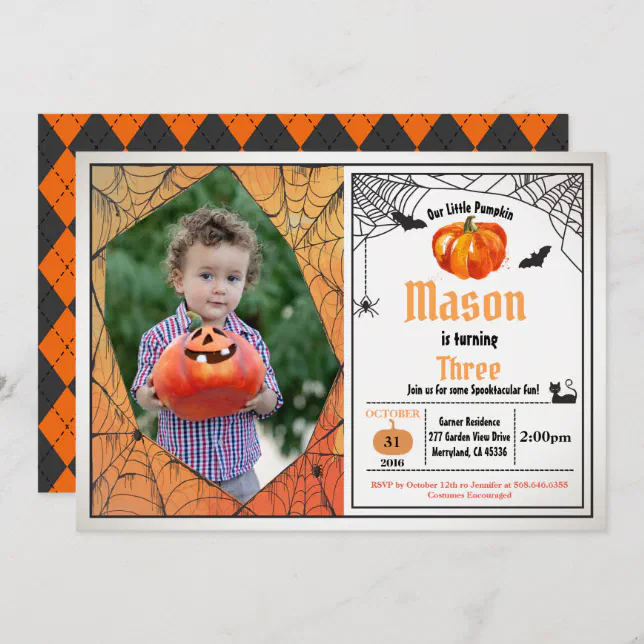 Halloween pumpkin kid birthday party photo invitation | Zazzle
