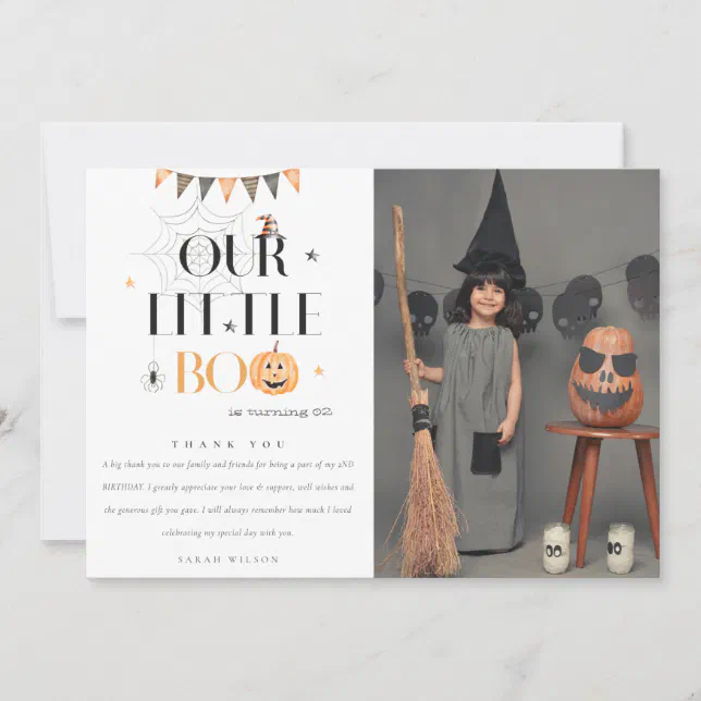 Halloween Pumpkin Little Boo Kids Photo Birthday Thank You Card | Zazzle