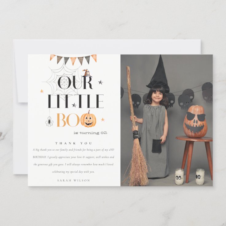 Halloween Pumpkin Little Boo Kids Photo Birthday Thank You Card | Zazzle
