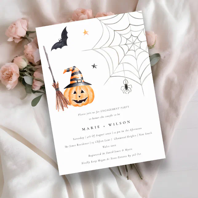 Halloween Pumpkin Spider Web Bat Engagement Invite | Zazzle