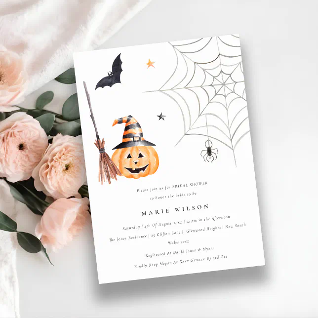 Halloween Pumpkin Spider Web Bridal Shower Invite | Zazzle
