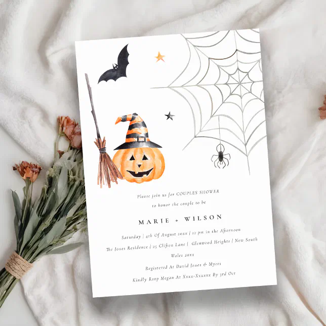 Halloween Pumpkin Spider Web Couples Shower Invite | Zazzle