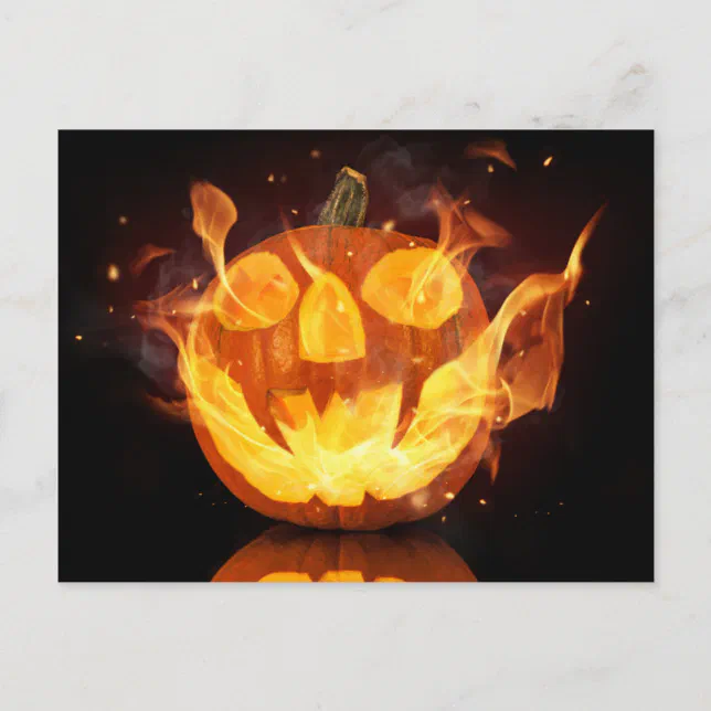 Halloween Pumpkin With Fire Flames Postcard | Zazzle