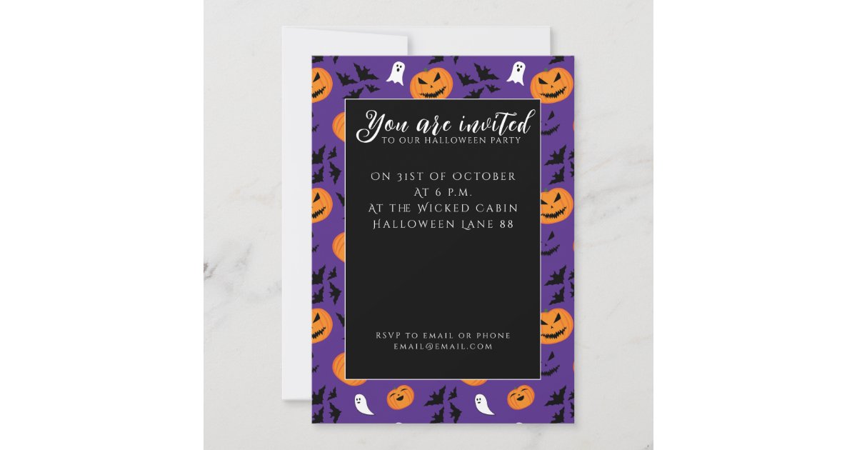 Halloween pumpkins ghosts bats fun purple pattern invitation | Zazzle
