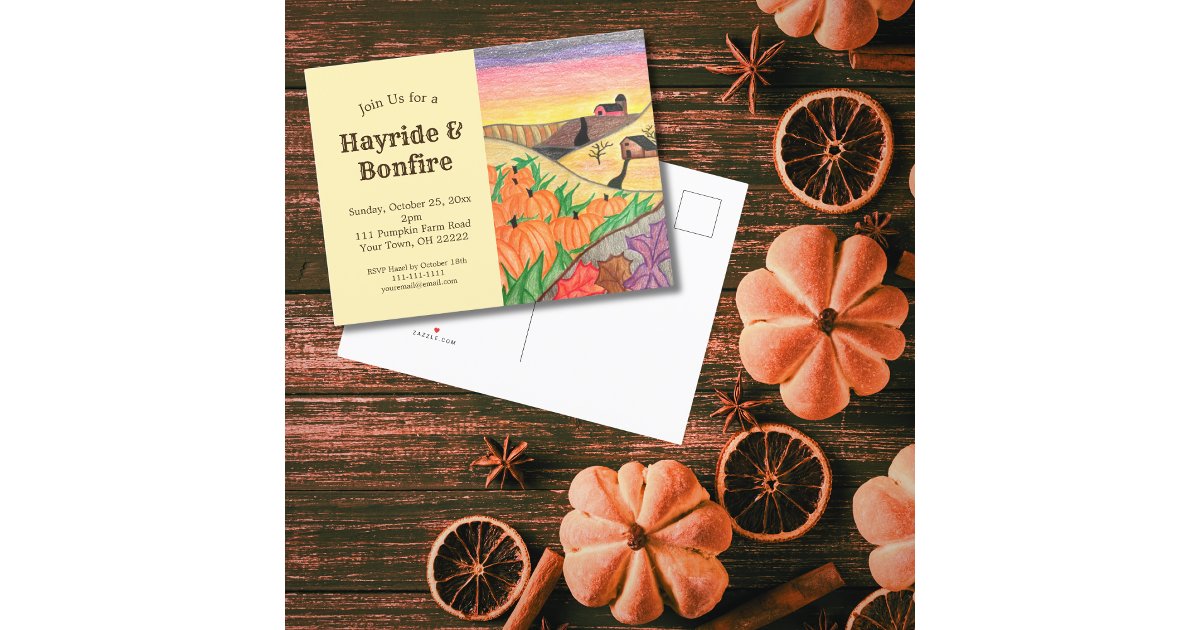 Halloween Pumpkins Hayride Rustic Autumn Invitation Postcard | Zazzle