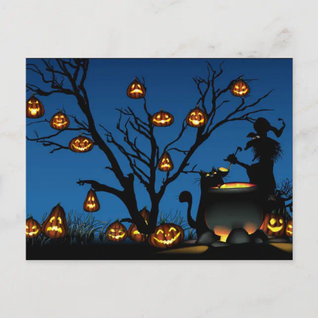 Halloween Pumpkins with witch Postcard | Zazzle