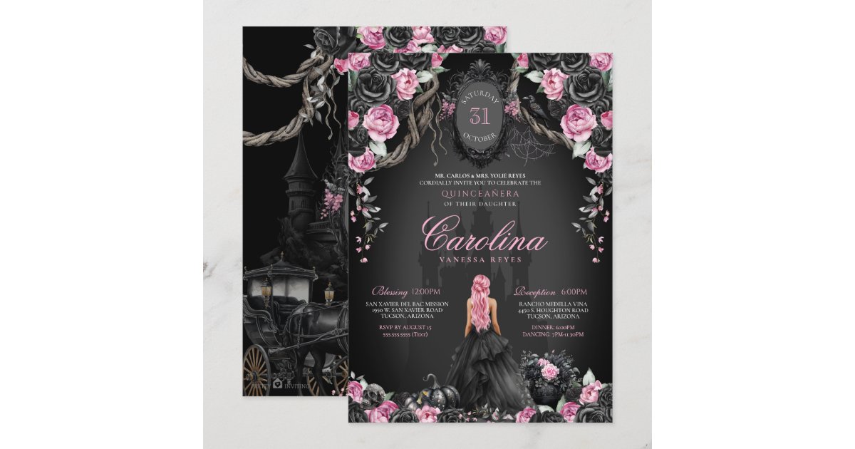 Halloween Quinceañera Black Pink Gothic Princess Invitation | Zazzle