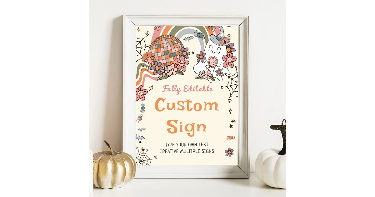 Halloween Retro Groovy Birthday Party Table Sign | Zazzle