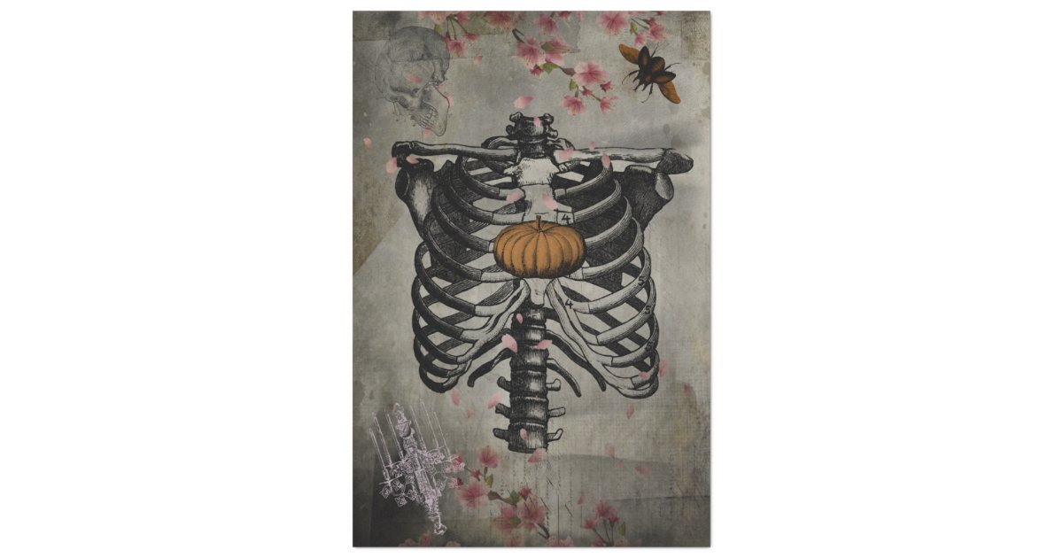 Halloween Rib Cage Pumpkin Heart Floral Ephemera Tissue Paper | Zazzle