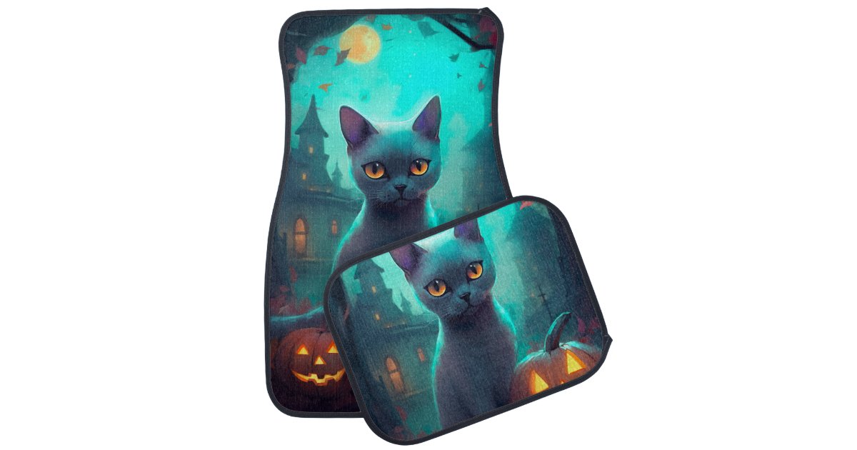 Halloween Russian Blue Cat With Pumpkins Scary Car Floor Mat | Zazzle