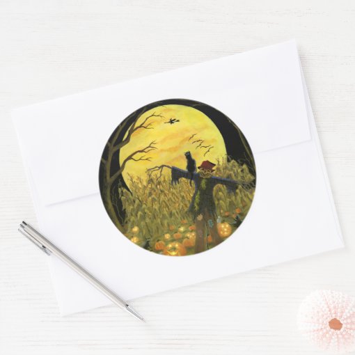 Halloween scarecrow in pumpkin patch stickers | Zazzle