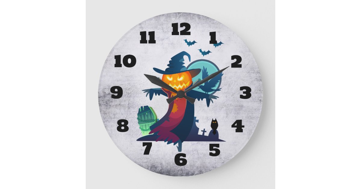 Halloween Scarecrow With Bats Crow And Owl Large Clock | Zazzle