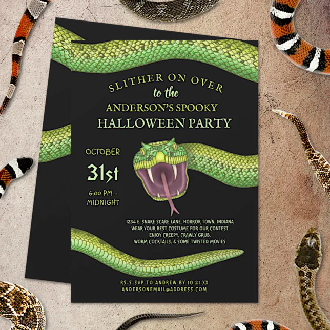 Halloween Scary Green Snake Slither On Over Creepy Invitation | Zazzle