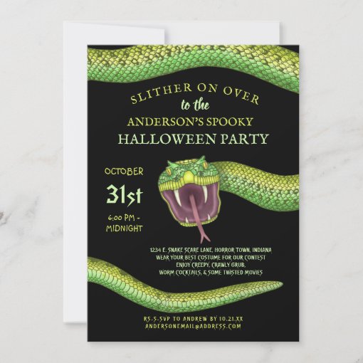 Halloween Scary Green Snake Slither On Over Creepy Invitation | Zazzle