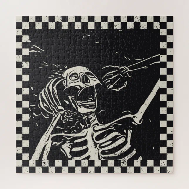 Halloween Scary Skeleton Black White Checkered Jigsaw Puzzle | Zazzle