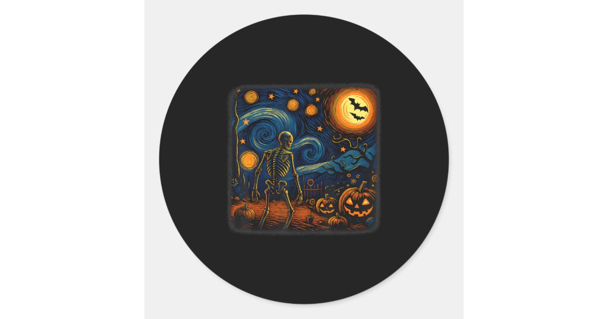 Halloween Skeleton Starry Night Van Gogh Pumpkin M Classic Round ...