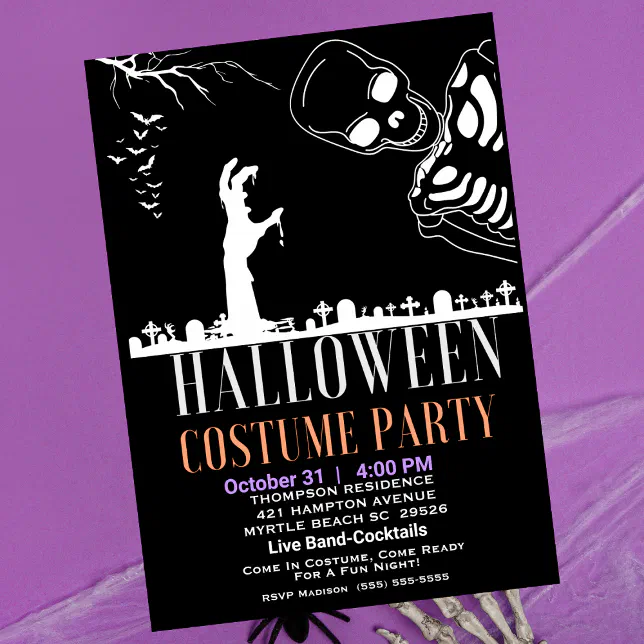 Halloween Skelton Graveyard Costume Party Invitation | Zazzle
