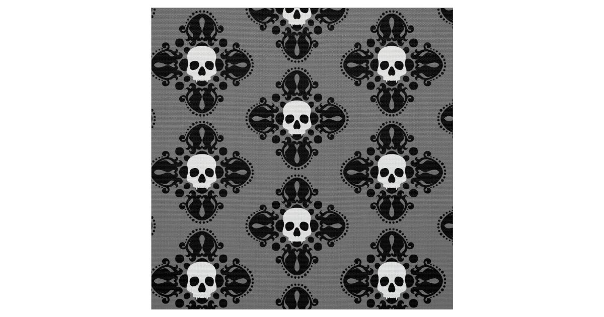 Halloween skull damask pattern fabric | Zazzle