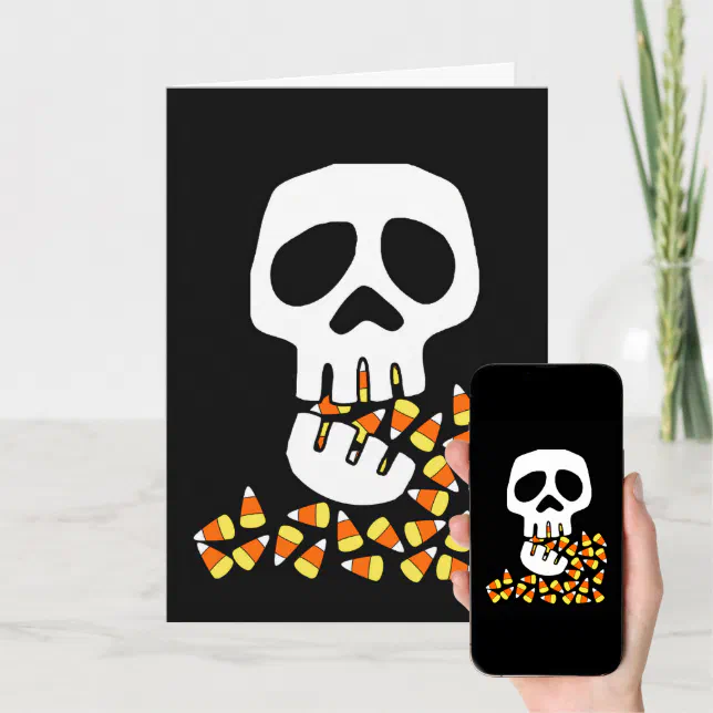Halloween, Skull Eating Candy Corn, Trick or Treat Card | Zazzle
