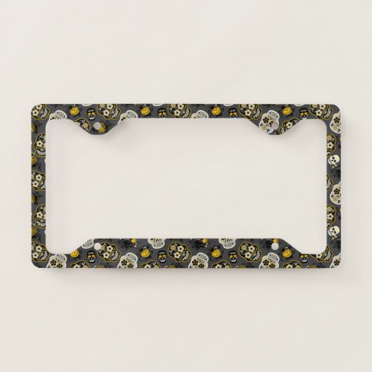 Halloween skulls pattern, White yellow and black License Plate Frame ...