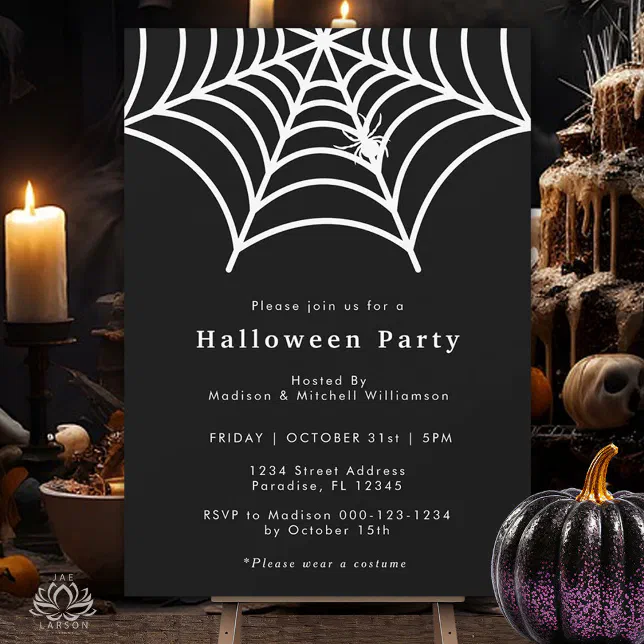 Halloween Spider Web Modern Black White Party Invitation | Zazzle
