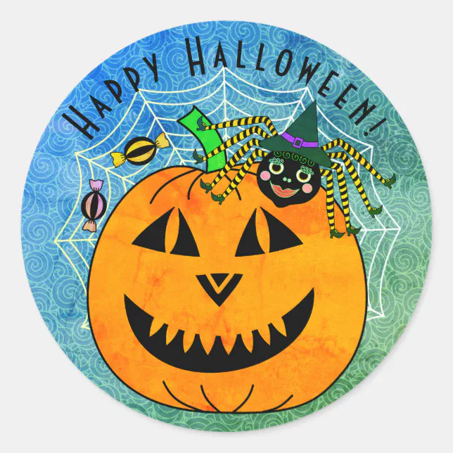Halloween Spider Witch and Pumpkin Classic Round Sticker | Zazzle