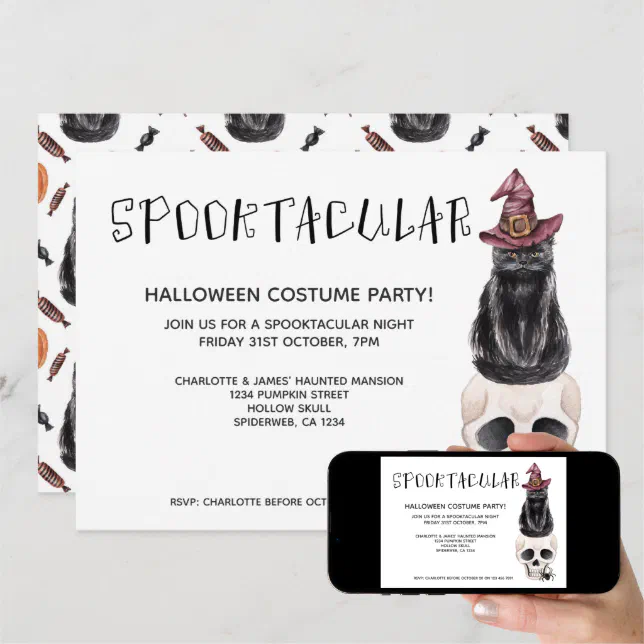Halloween Spooktacular Black Cat On A Skull Invitation | Zazzle