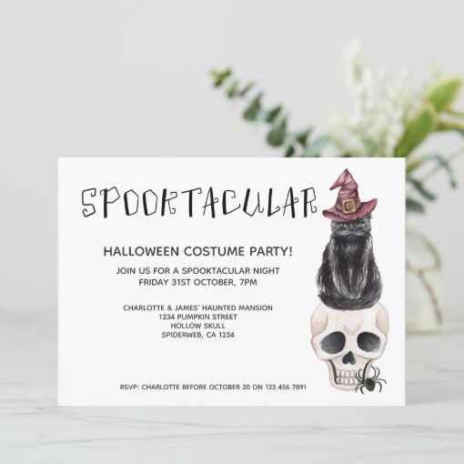 Halloween Spooktacular Black Cat On A Skull Invitation | Zazzle