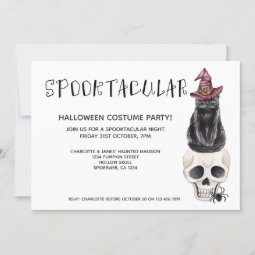 Halloween Spooktacular Black Cat On A Skull Invitation | Zazzle