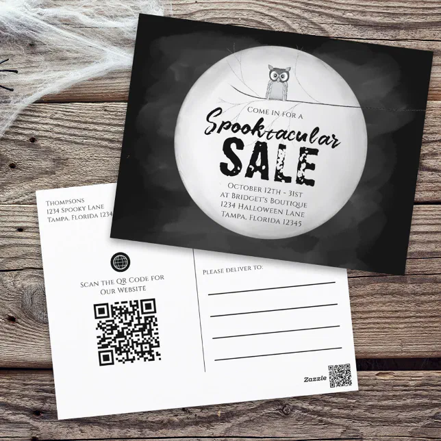 Halloween Spooktacular Sale Owl QR Code Website Postcard | Zazzle