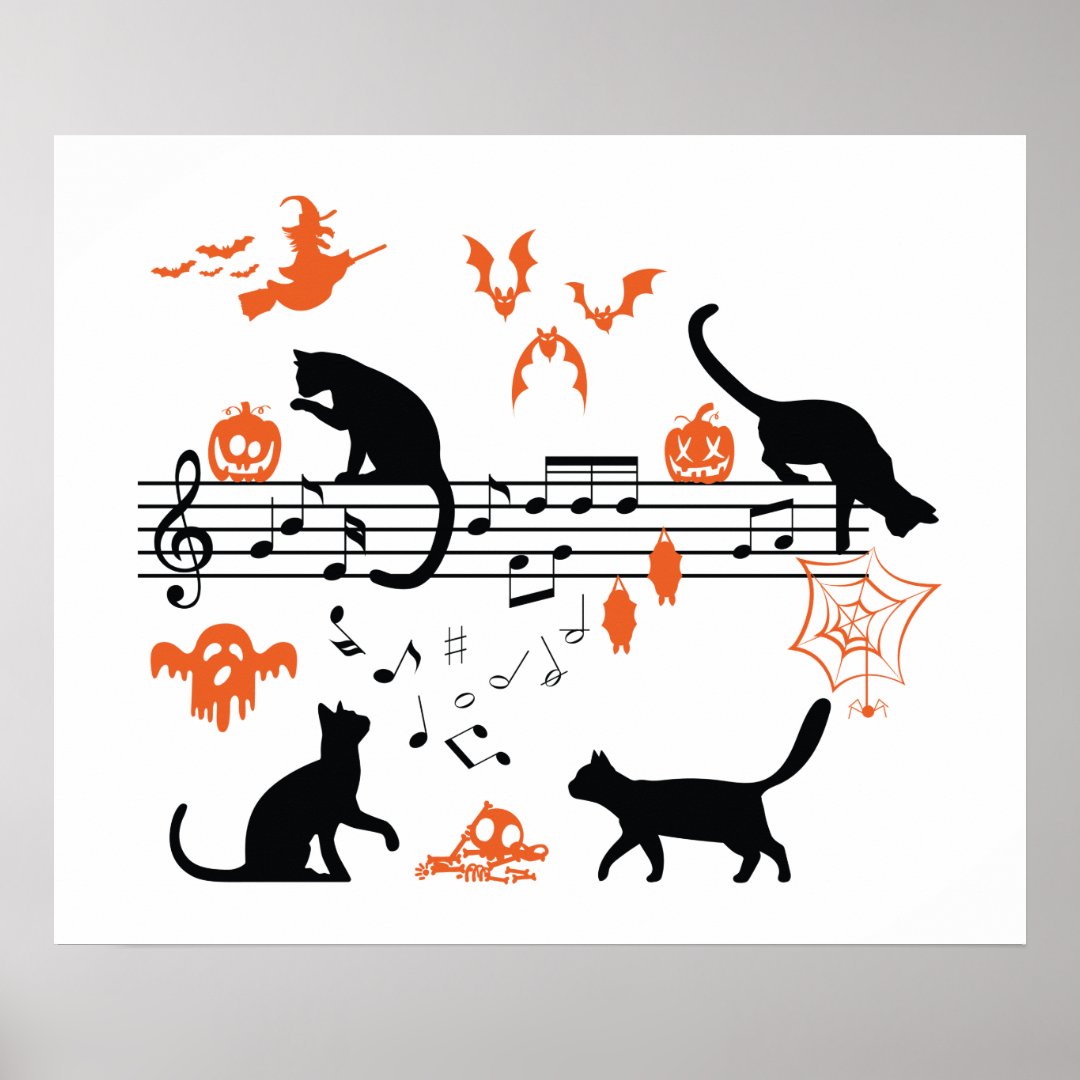 Halloween Spooky and Scary Cats Playing Music Note Poster | Zazzle
