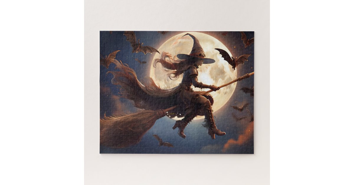 Halloween Steampunk Witch Moonlight Flight Jigsaw Puzzle | Zazzle
