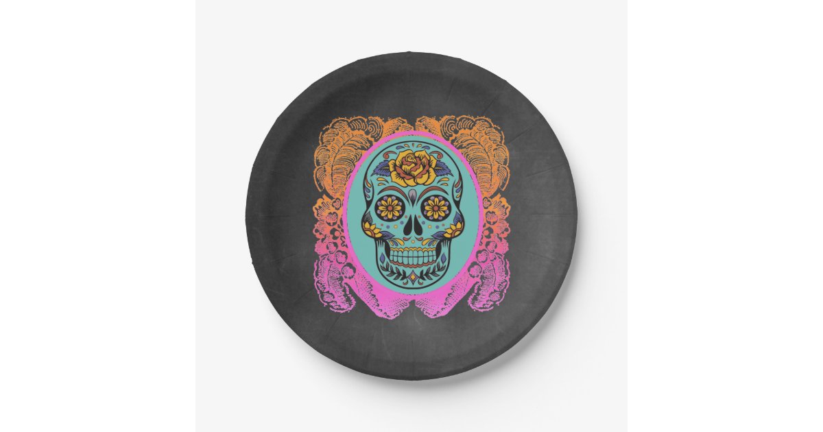 Halloween Sugar Skull Chalkboard Party Invitation Paper Plates | Zazzle