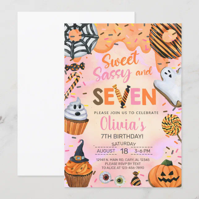Halloween sweet sassy seven 7th birthday invite. invitation | Zazzle