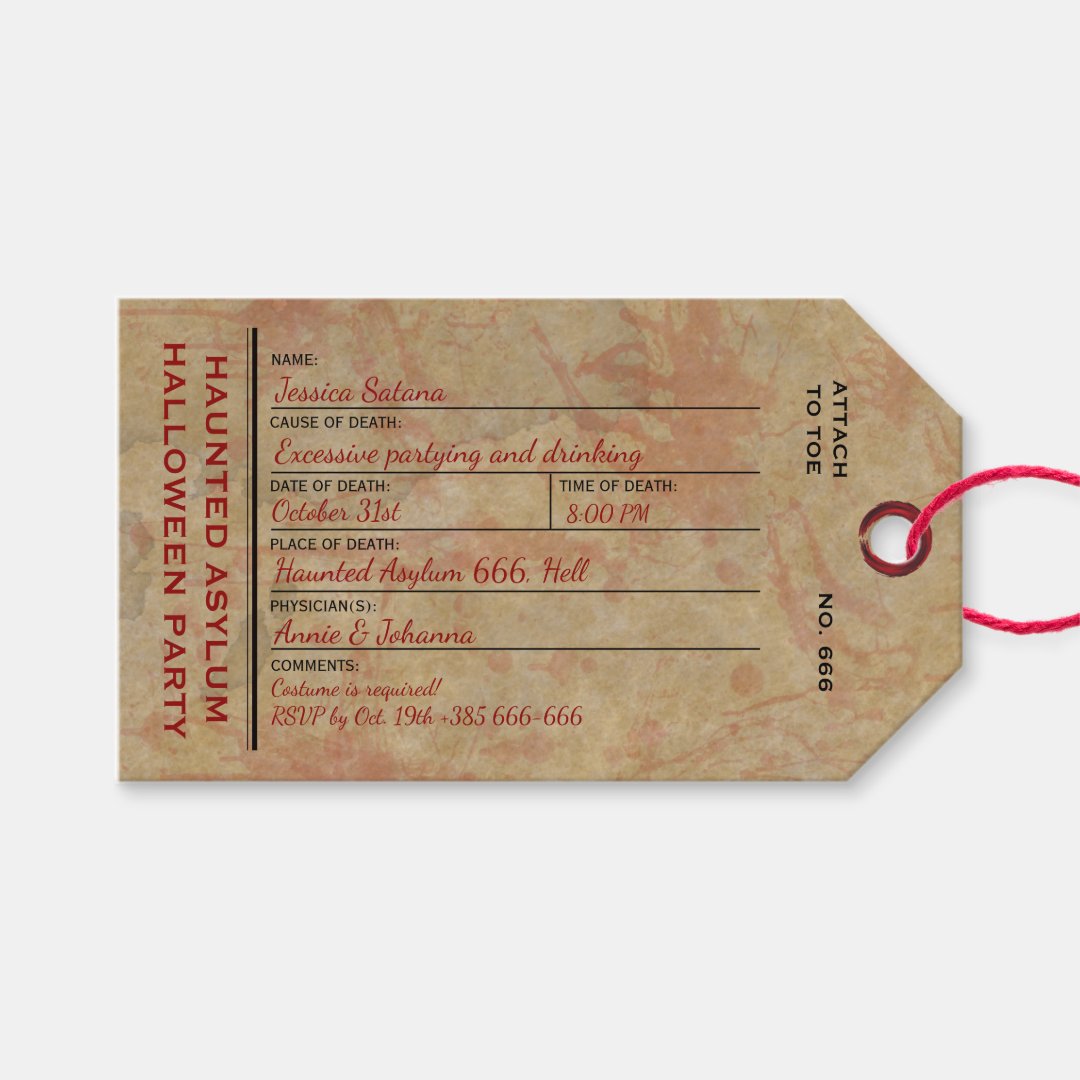 Halloween Toe Tag Haunted Asylum Party | Zazzle