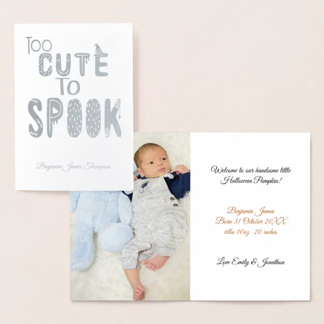 Halloween Too Cute Spook Photo Baby Boy Announce Foil Card | Zazzle