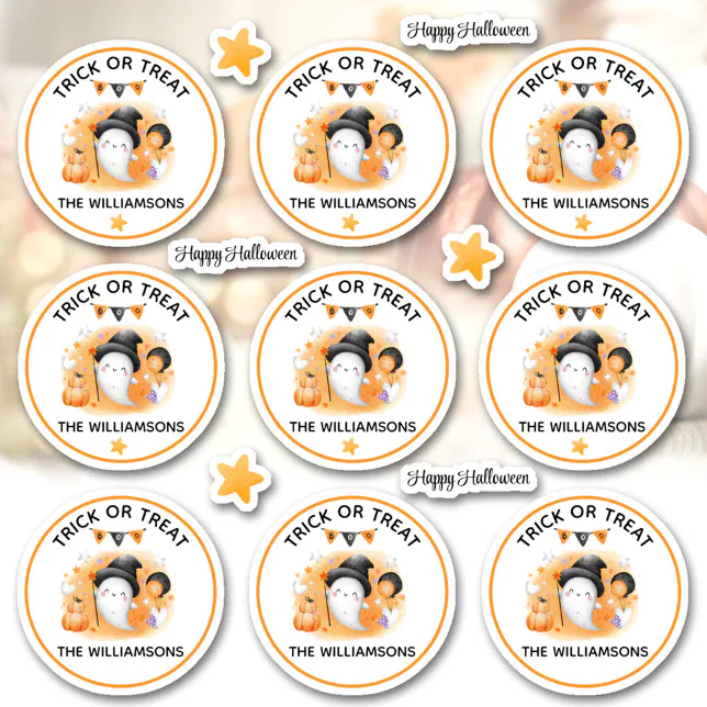 Halloween Trick Or Treat Name Boo Ghost Kiss Cut Sticker | Zazzle