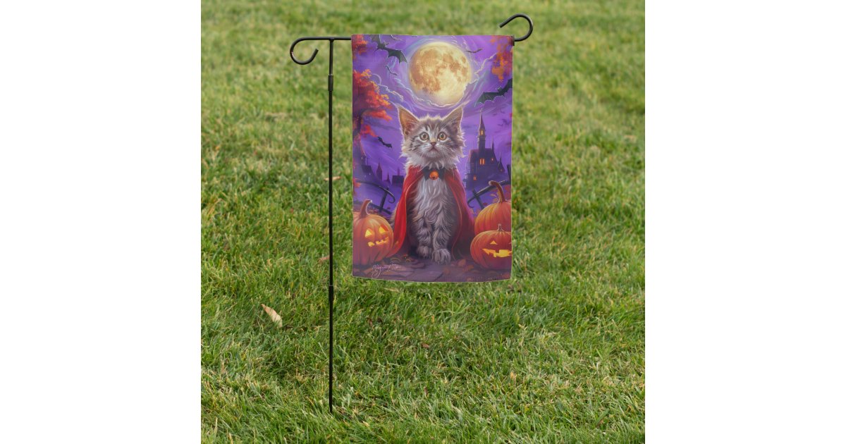 Halloween Turkish Angora Cat Vampire Pumpkin Scary Garden Flag | Zazzle