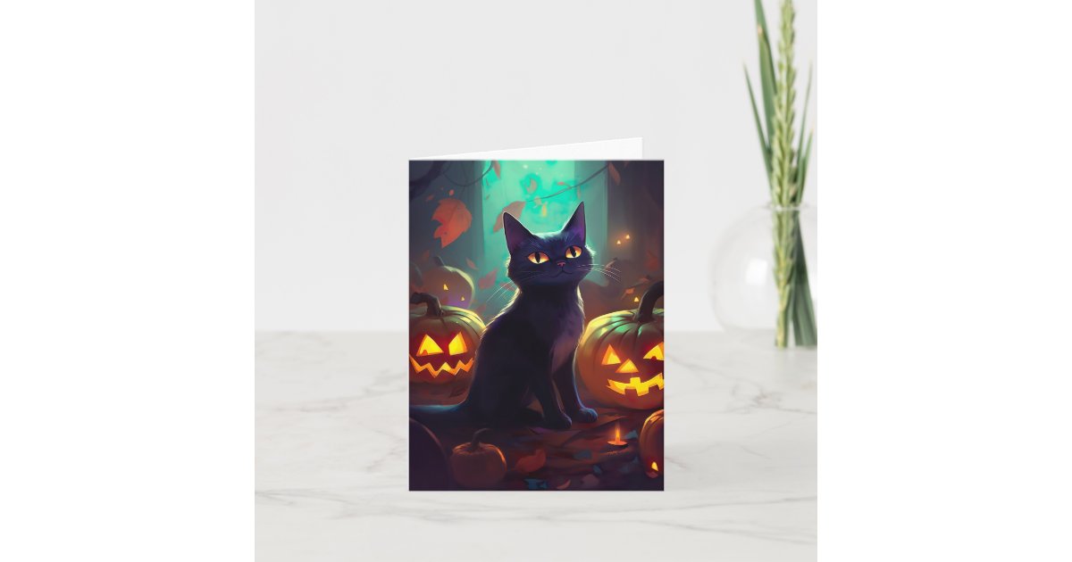 Halloween Tuxedo Cat With Pumpkins Scary Card | Zazzle