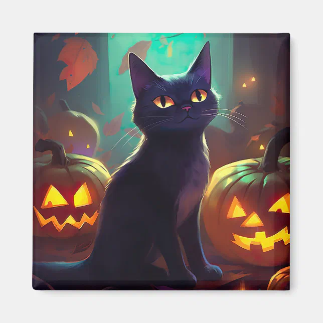 Halloween Tuxedo Cat With Pumpkins Scary Magnet | Zazzle