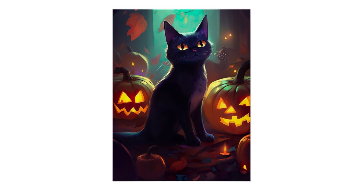 Halloween Tuxedo Cat With Pumpkins Scary Poster | Zazzle