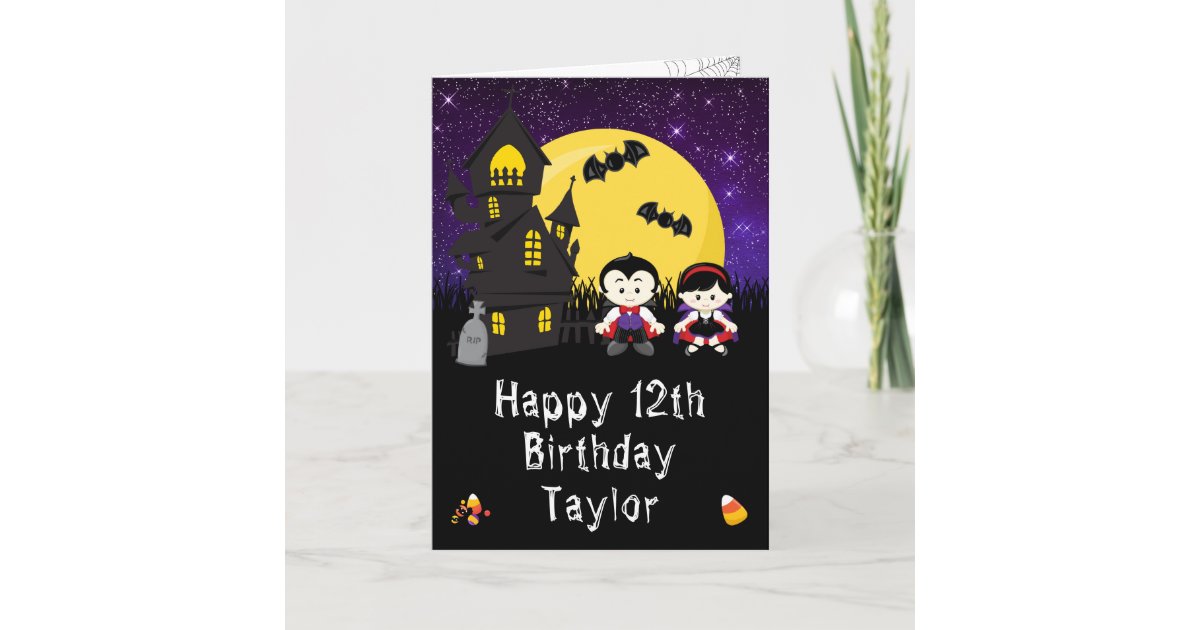 Halloween Vampires Purple Happy Birthday Card | Zazzle