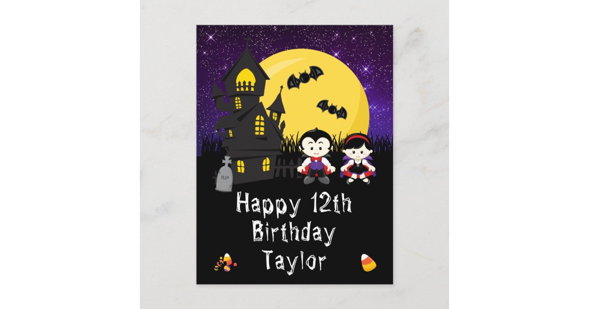 Halloween Vampires Purple Happy Birthday Postcard | Zazzle