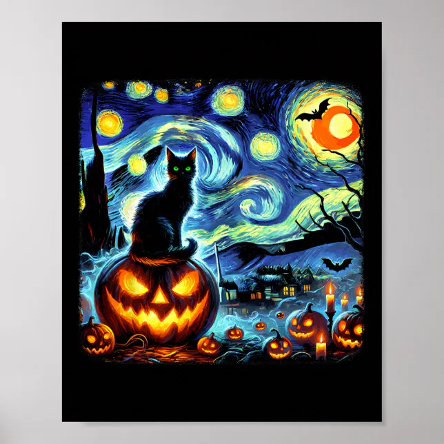 Halloween Van Gogh Starry Night Black Cat Pumpkins Poster | Zazzle