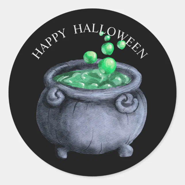 Halloween watercolour witches bubbling cauldron classic round sticker ...