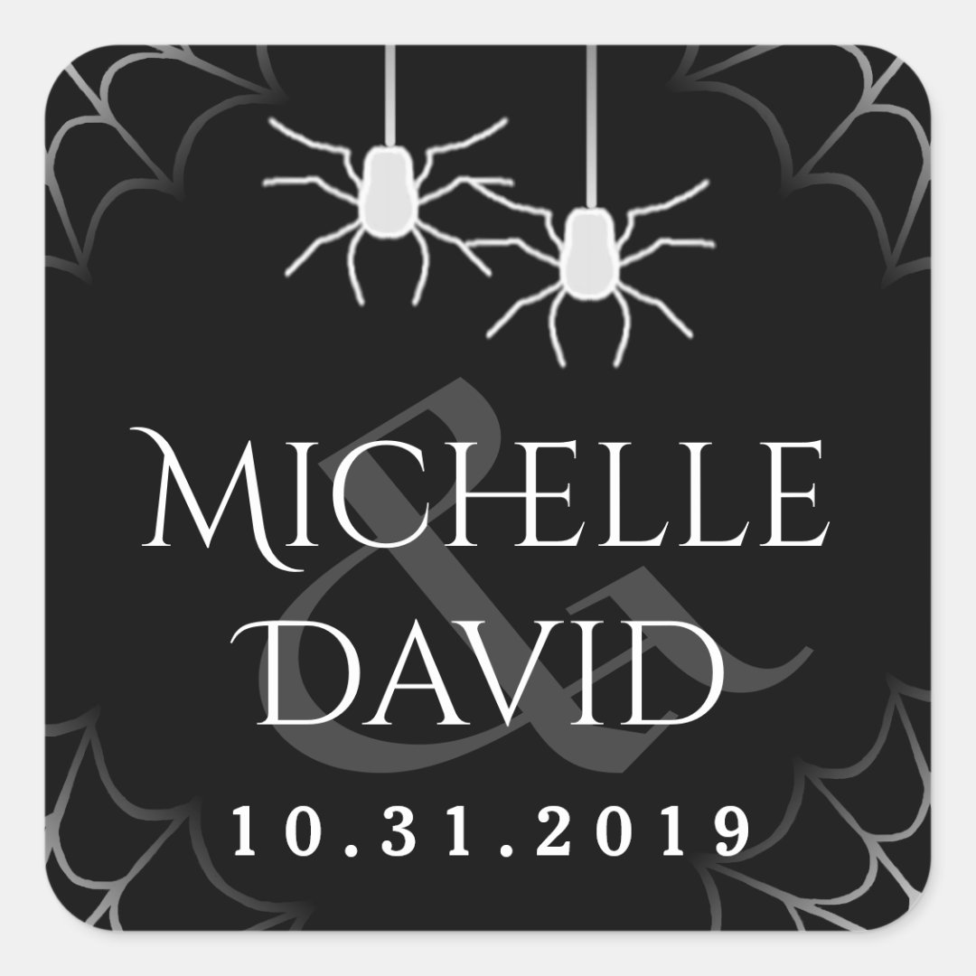 Halloween Wedding Black White Spiders Square Label | Zazzle
