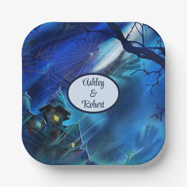 Halloween Wedding Personalize Names Spooky Haunts Paper Plates | Zazzle