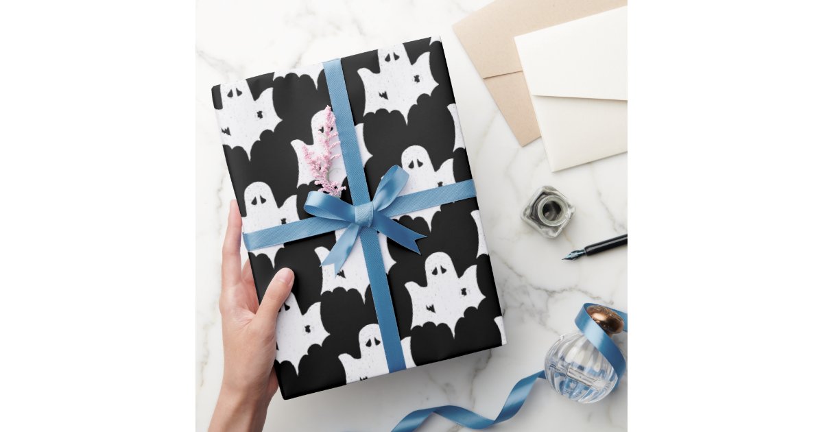 Halloween White Ghost Silhouette Pattern - Black Wrapping Paper | Zazzle