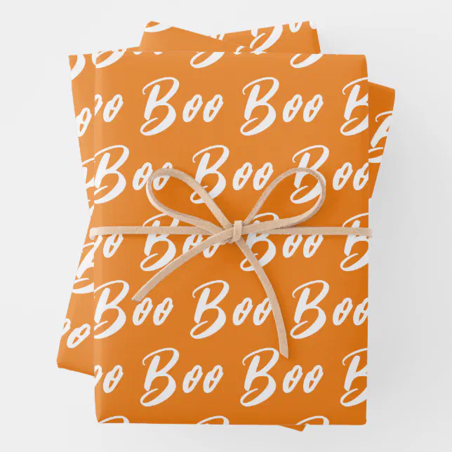 Halloween white orange boo text pattern wrapping paper sheets | Zazzle
